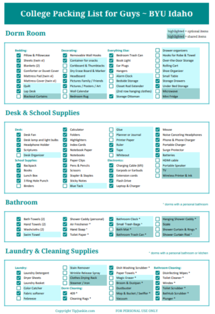 College Packing List for Guys Dorm at BYU Idaho {free printable} – Tip ...